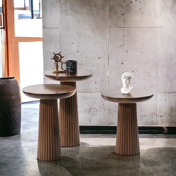 Fluted Walnut Mushroom Solid Wood Round End Table | Ribbed Walnut Colo ...